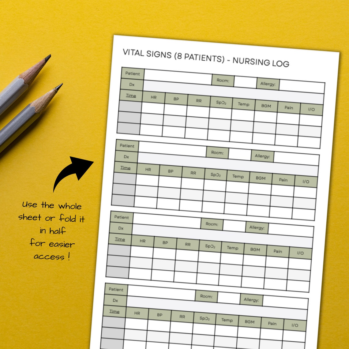 VITAL SIGNS Sheet for Nurses (8 Patients) - Printable, Vital Signs Log ...