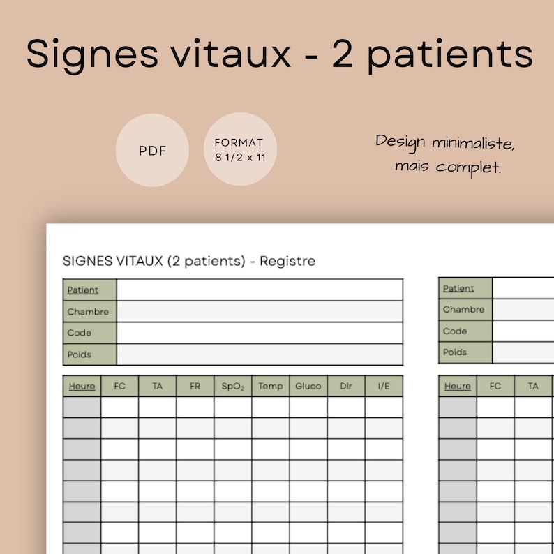 Feuille De Signes Vitaux 2 Patients Pour Infirmières étudiantes Infirmières Registre De