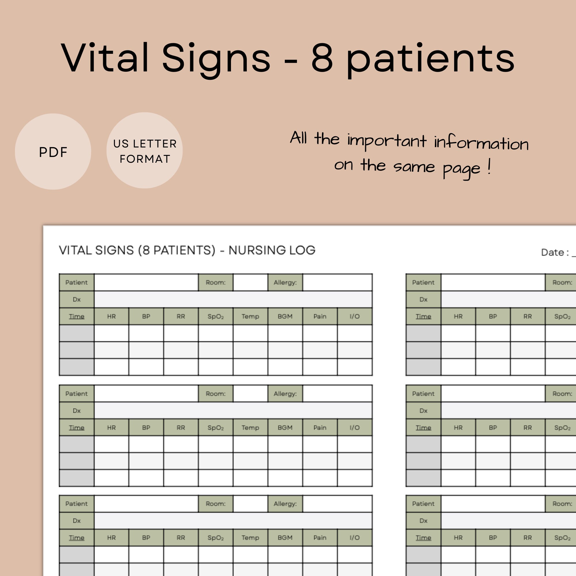 VITAL SIGNS Sheet for Nurses (8 Patients) - Printable, Vital Signs Log ...