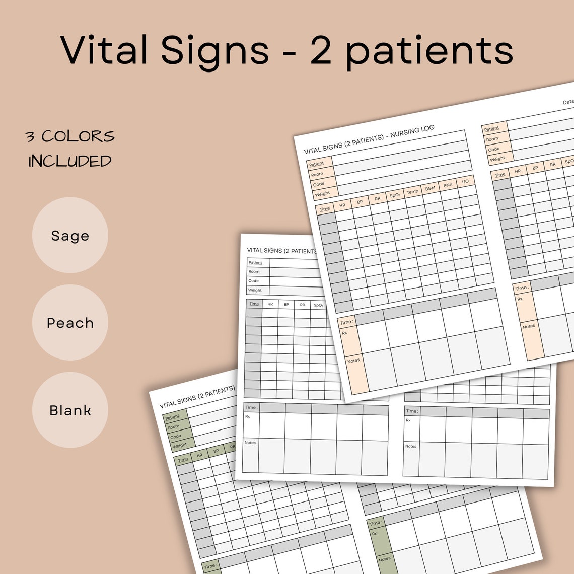 VITAL SIGNS Sheet for Nurses 2 Patients Printable, Vital Signs Log ...