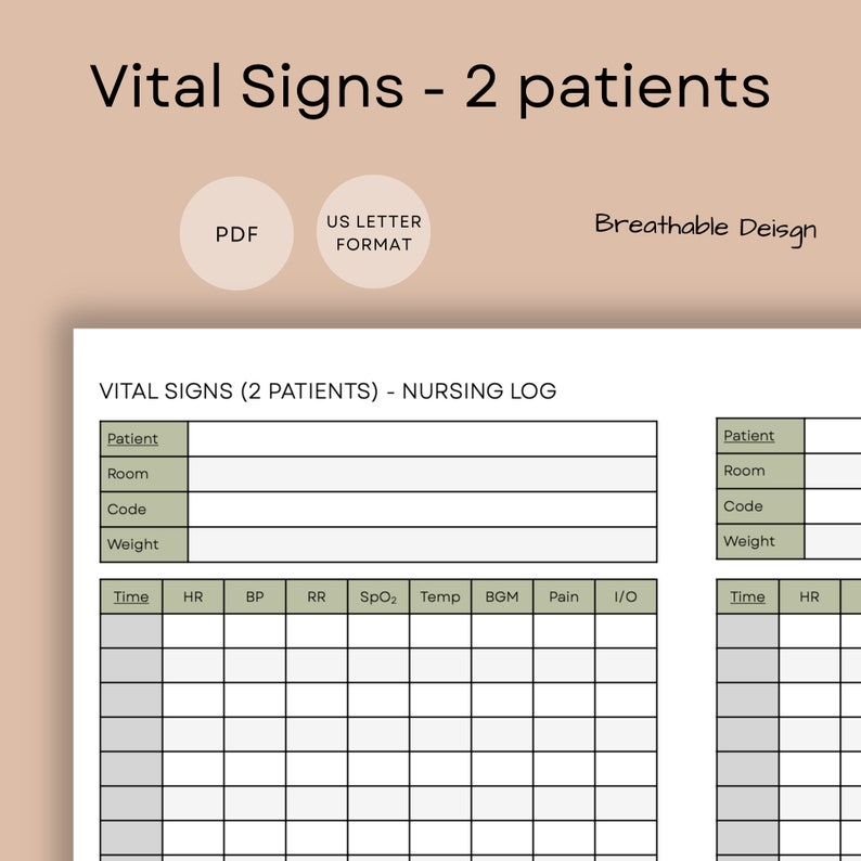 VITAL SIGNS Sheet for Nurses (2 Patients) - Printable, Vital Signs Log ...