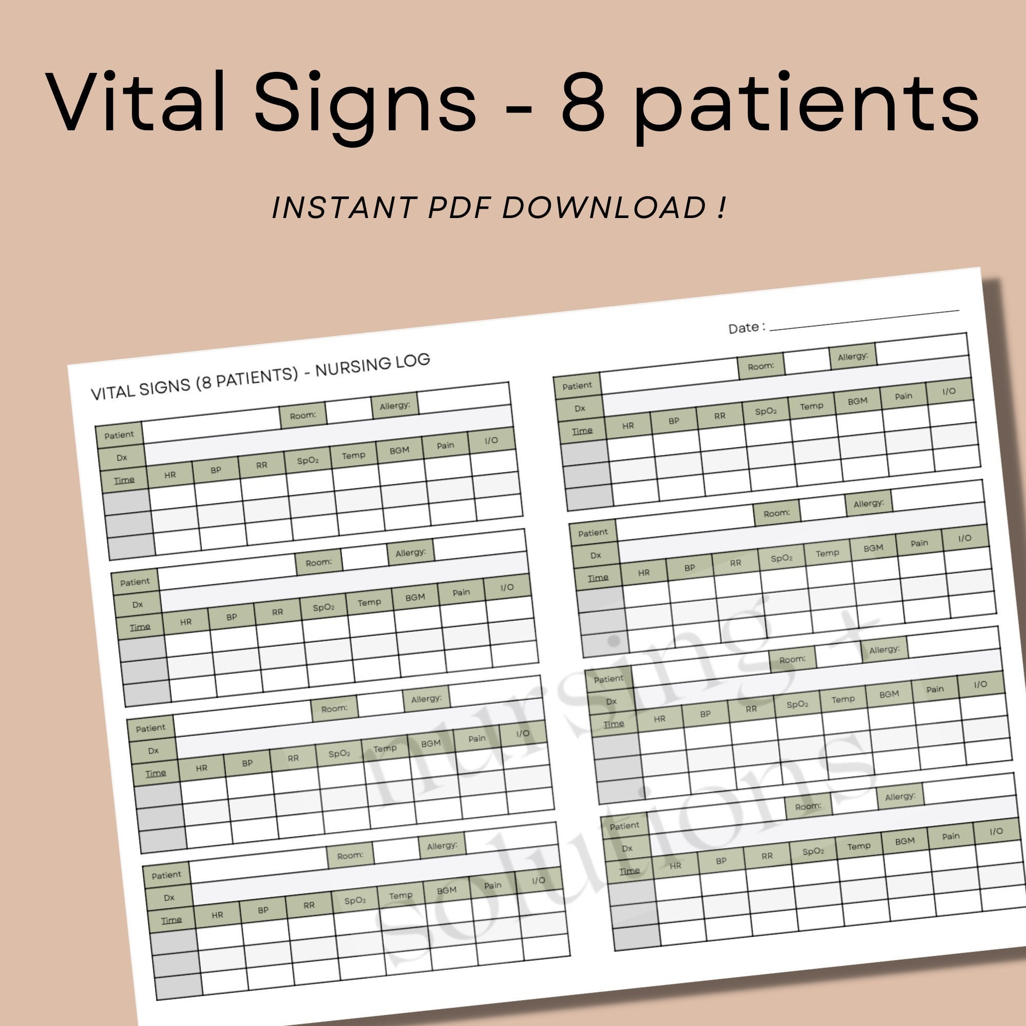 VITAL SIGNS Sheet for Nurses (8 Patients) - Printable, Vital Signs Log ...