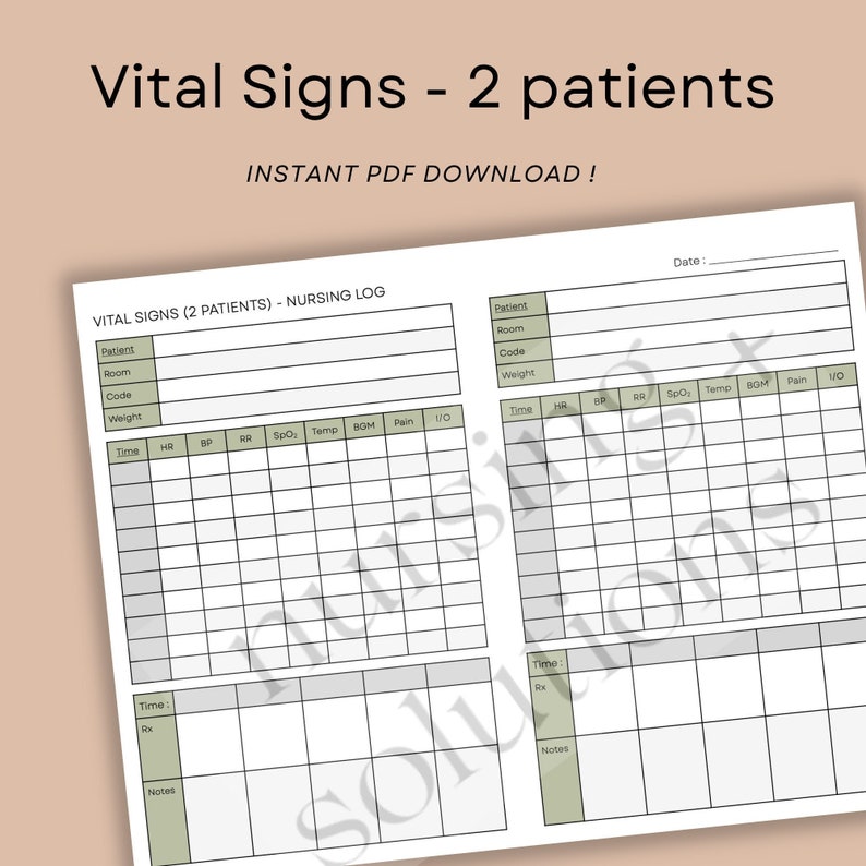 VITAL SIGNS Sheet for Nurses (2 Patients) - Printable, Vital Signs Log ...