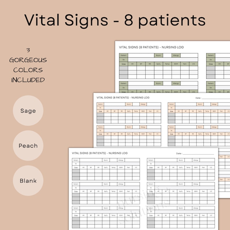 VITAL SIGNS Sheet for Nurses (8 Patients) - Printable, Vital Signs Log ...
