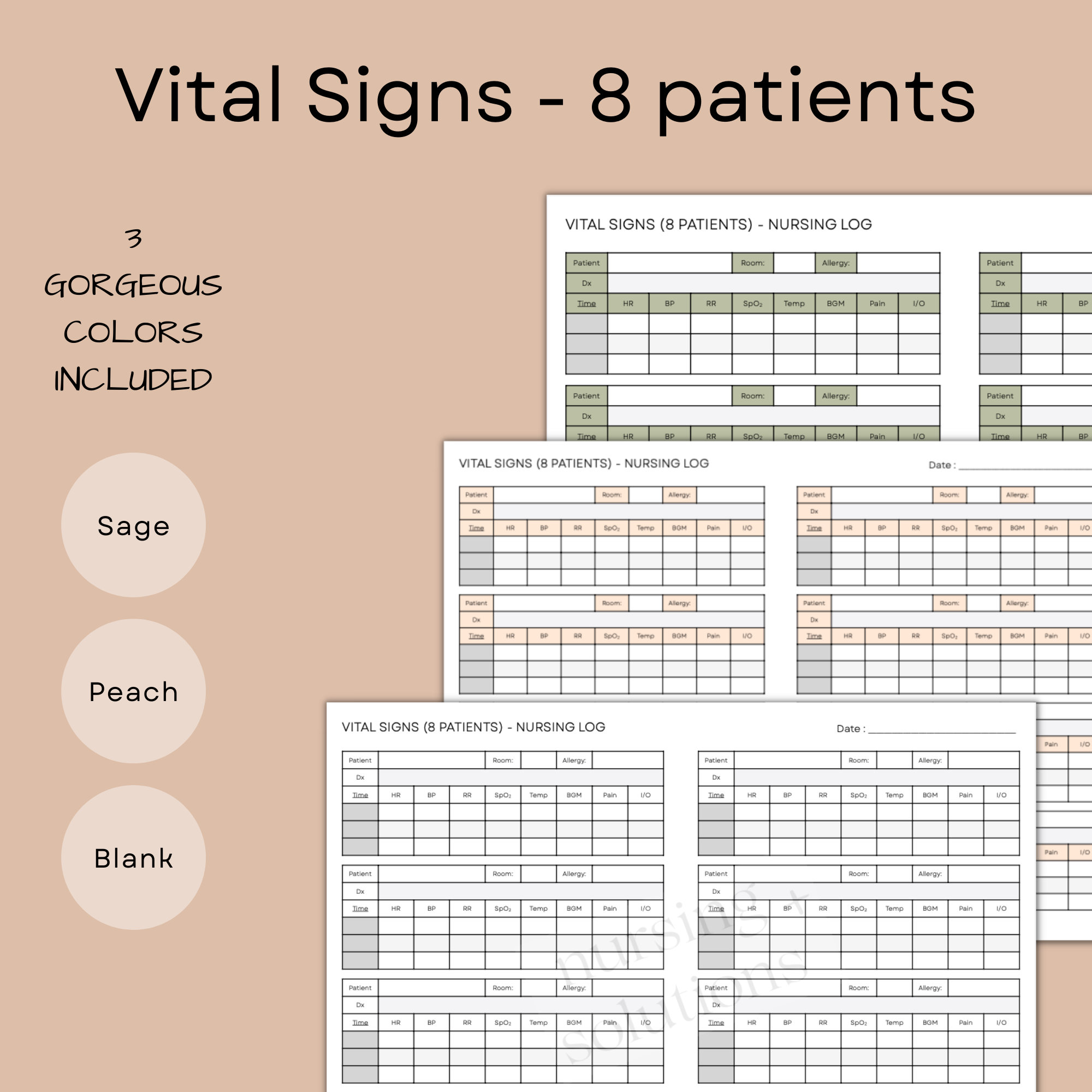 VITAL SIGNS Sheet for Nurses (8 Patients) - Printable, Vital Signs Log ...