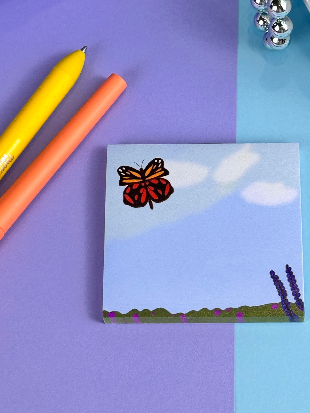 Butterfly in the Meadow Sticky Note Pad With Butterfly, Blue Sky, and ...