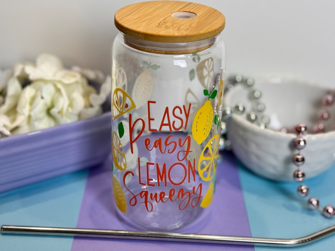 Easy Peasy Lemon Squeezy Glass Libby Can, 16 Oz With Bamboo Lid and ...