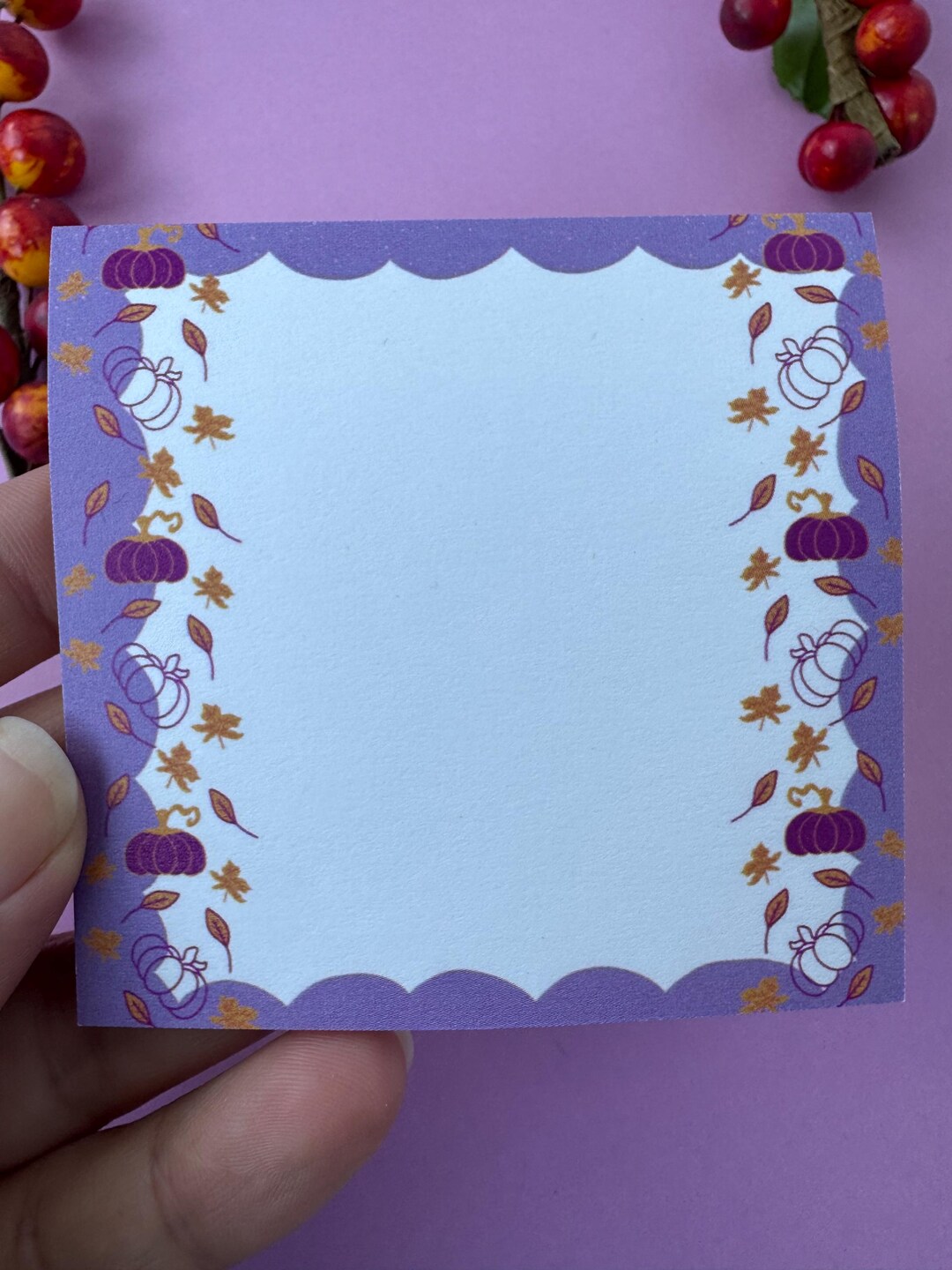 Fall Sticky Notes, Purple and Gold Pumpkin and Leaf Stationery, Hand ...