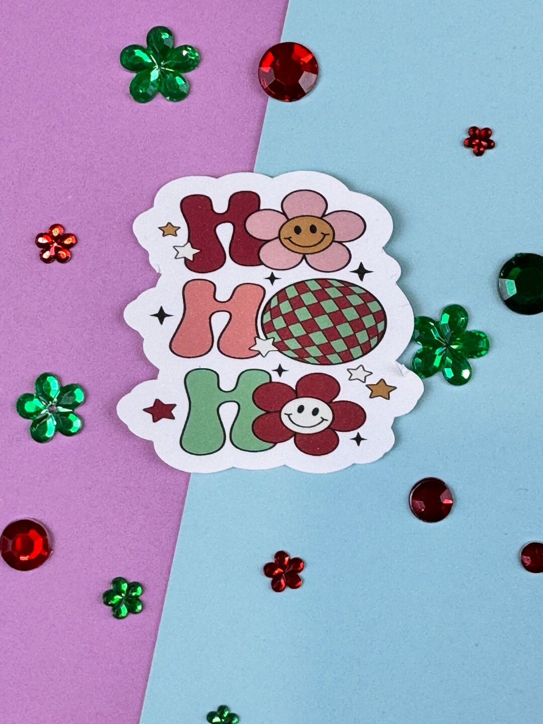 HOHOHO Retro Disco Christmas Die Cut Sticker, 70s Theme Flowers and ...