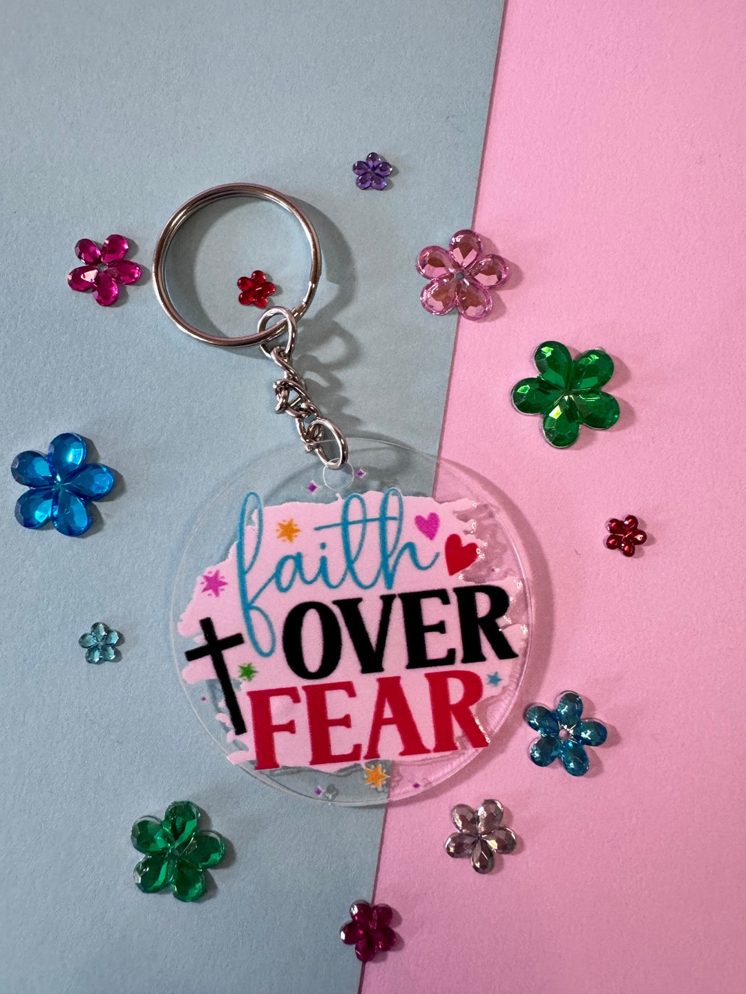 Faith Over Fear Keychain, 2 Inch Acrylic Round Keychain With UV DTF ...
