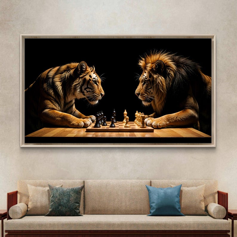 Lion Vs Tiger Chess Match Wall Art, Animal Strategy Game Print, Jungle ...