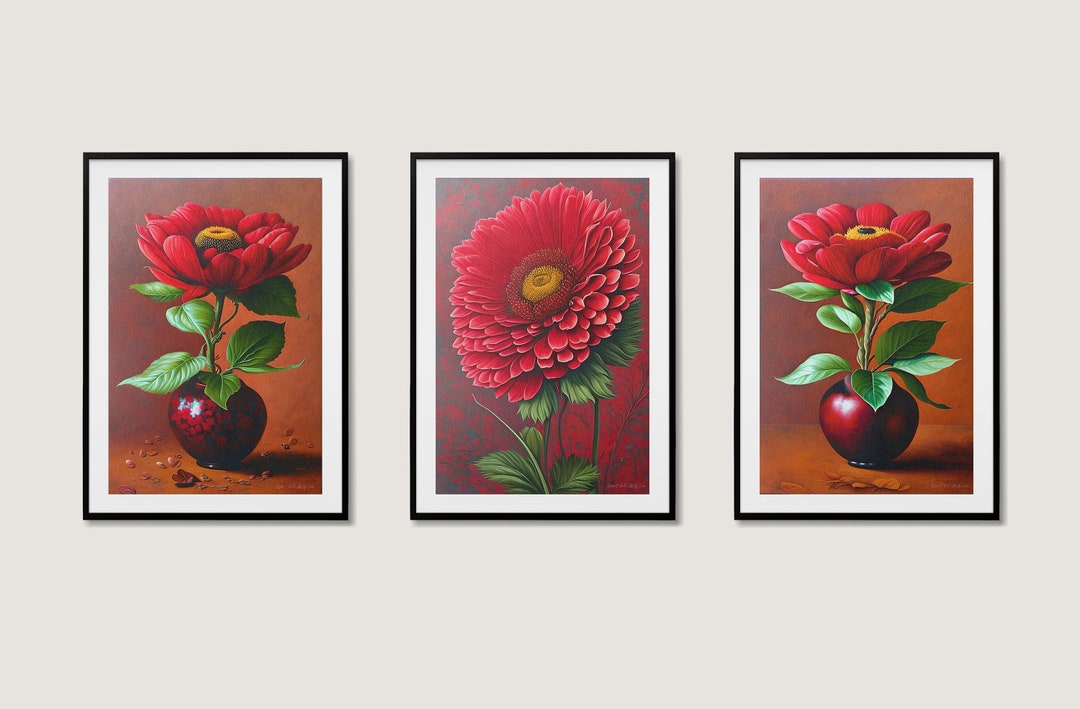 Red Floral Wall Art Set | Elegant Flower Prints, Botanical Decor ...