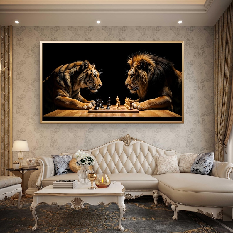 Lion Vs Tiger Chess Match Wall Art, Animal Strategy Game Print, Jungle ...