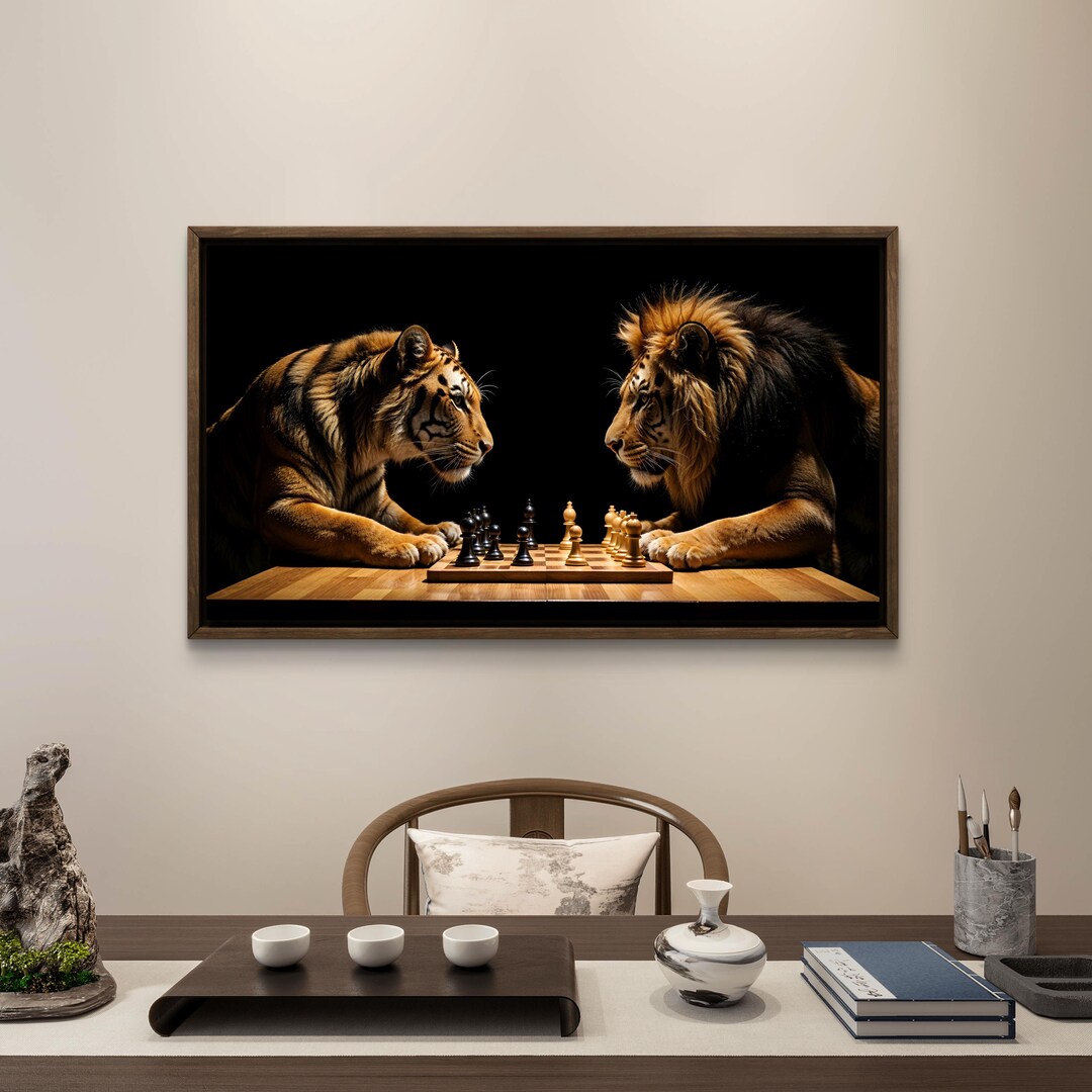 Lion Vs Tiger Chess Match Wall Art, Animal Strategy Game Print, Jungle ...