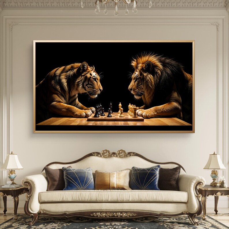 Lion Vs Tiger Chess Art Print: Bold Animal Game Room Decor (digital ...