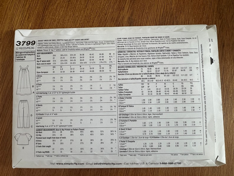 Uncut, FF, 2007 Simplicity 3799 Misses' Dress or Tunic, Cropped Pants ...