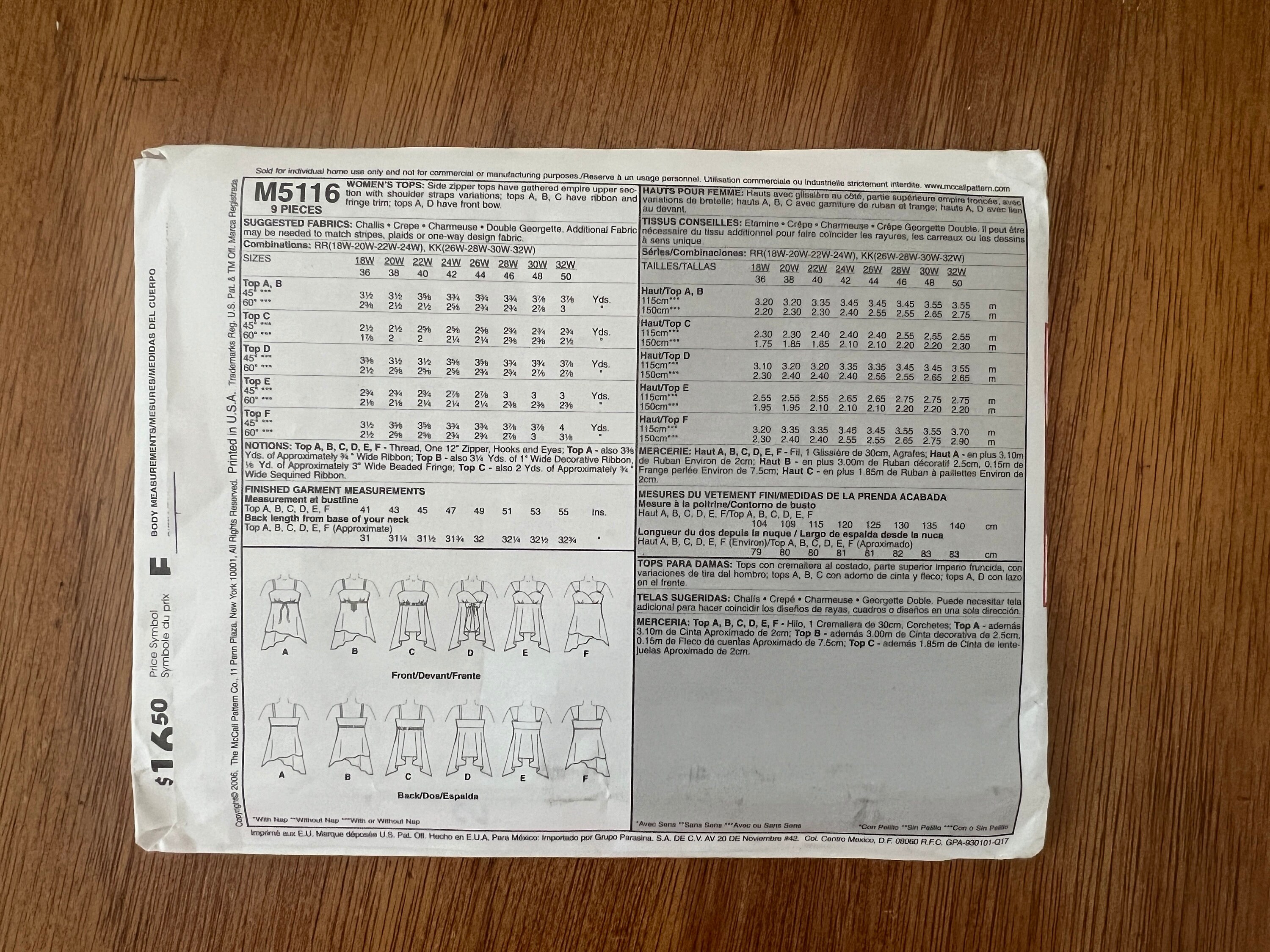 Rare, UNCUT, FF, 2006 Mccall's M5116 Women's Tops Patterns. Size 18W ...