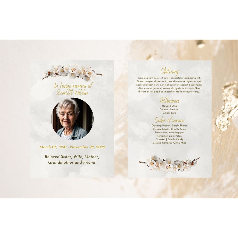 Double Sided Funeral Program Template, Floral Memorial Program, Gold ...