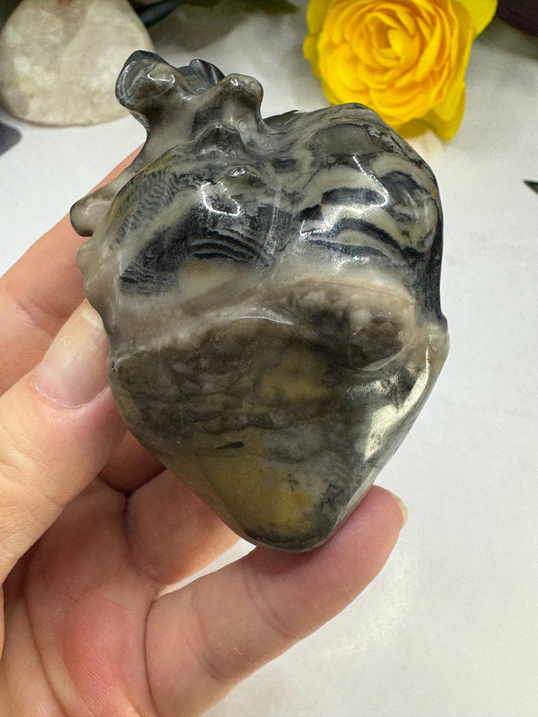 Volcano Agate and Calcite Anatomical Heart Carving, UV Reactive ...