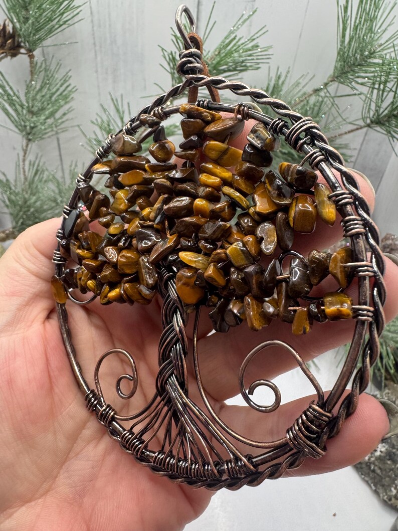Crystal Chip Tree of Life Ornament Wall Art, Tiger Eye Handmade Wire ...