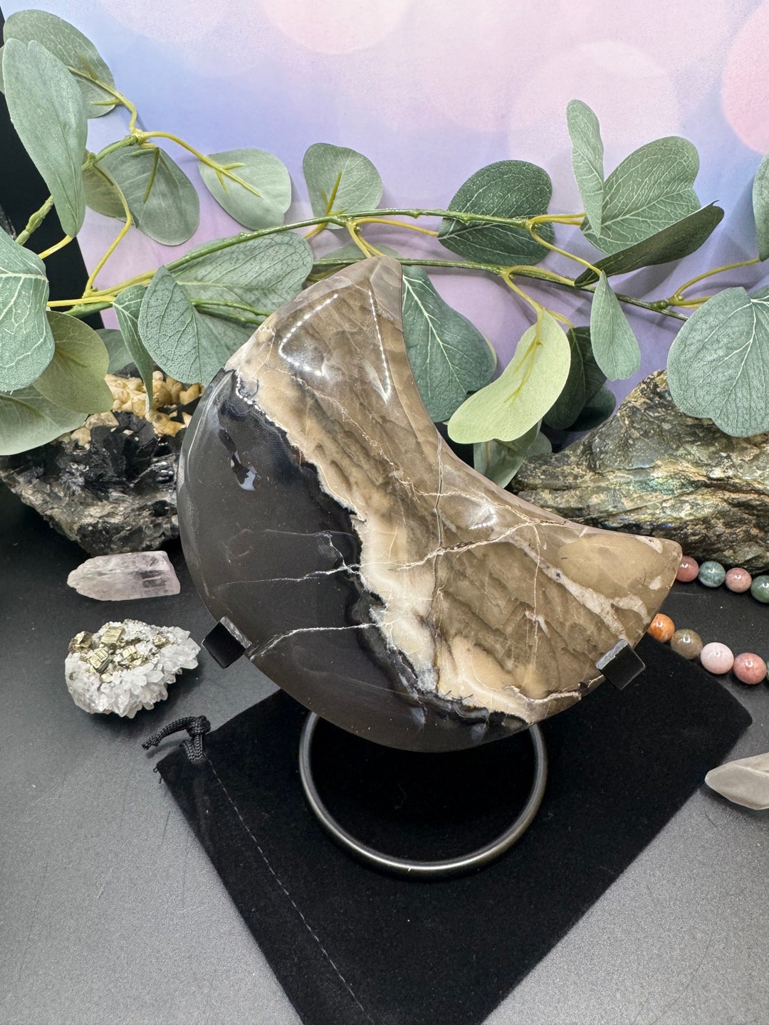 UV Reactive Volcano Agate Carved Moon With Metal Stand, Volcano Agate ...