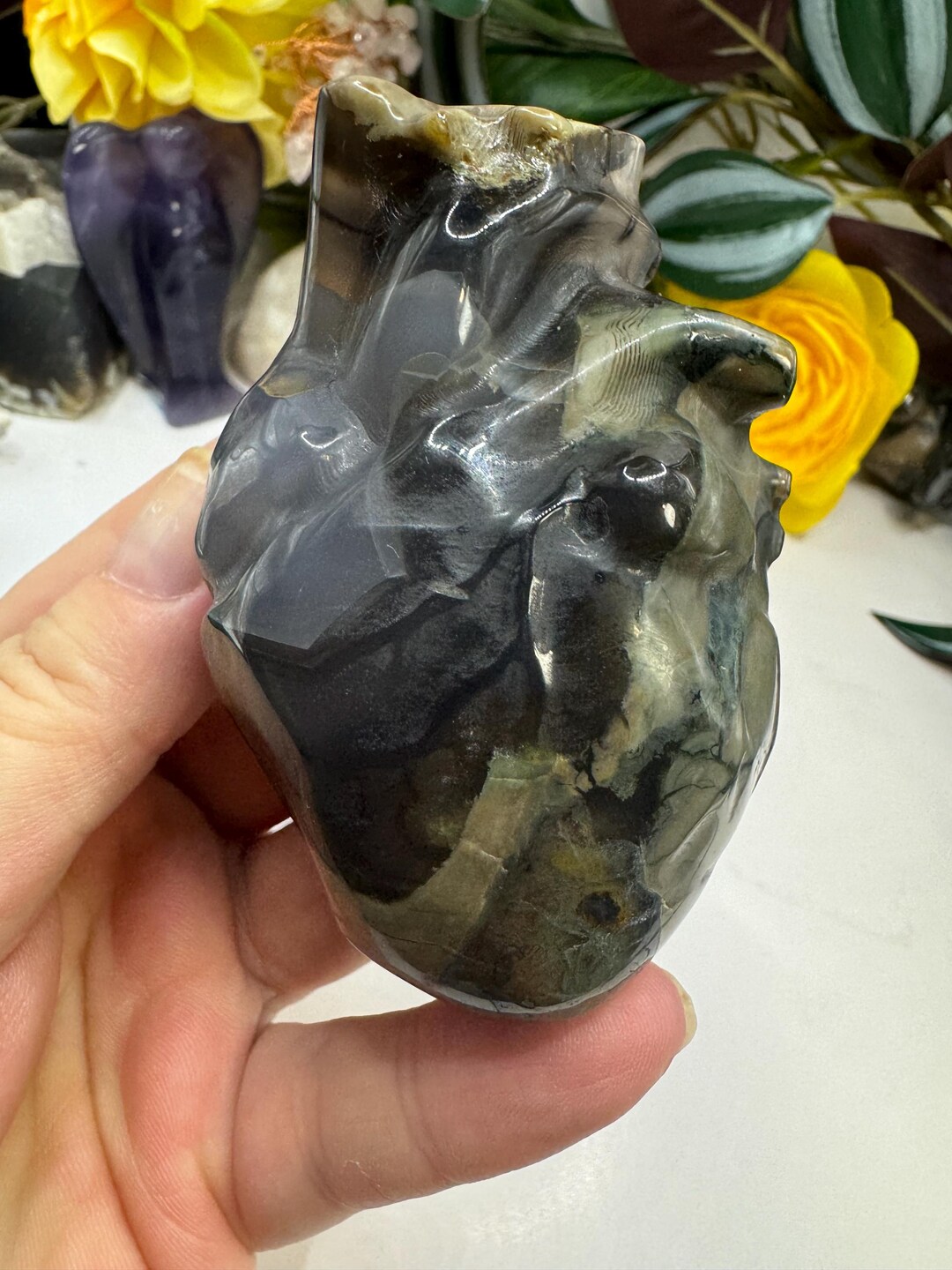 Volcano Agate and Calcite Anatomical Heart Carving, UV Reactive Crystal ...