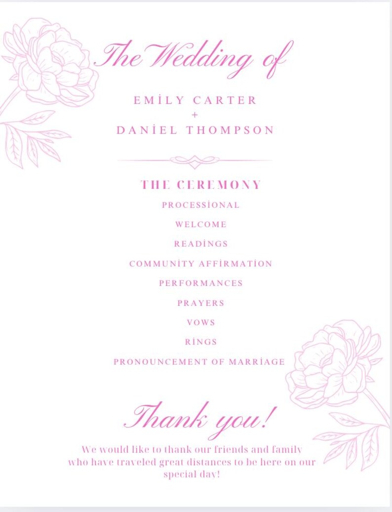 Instant Download Floral Summer Wedding Program, Elegant Pink Floral ...
