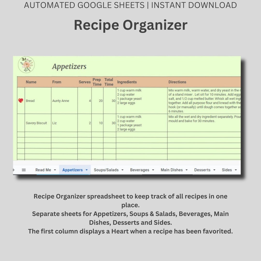 Recipe Template, Recipe Organizer, Digital Recipe Book, Google Sheets ...
