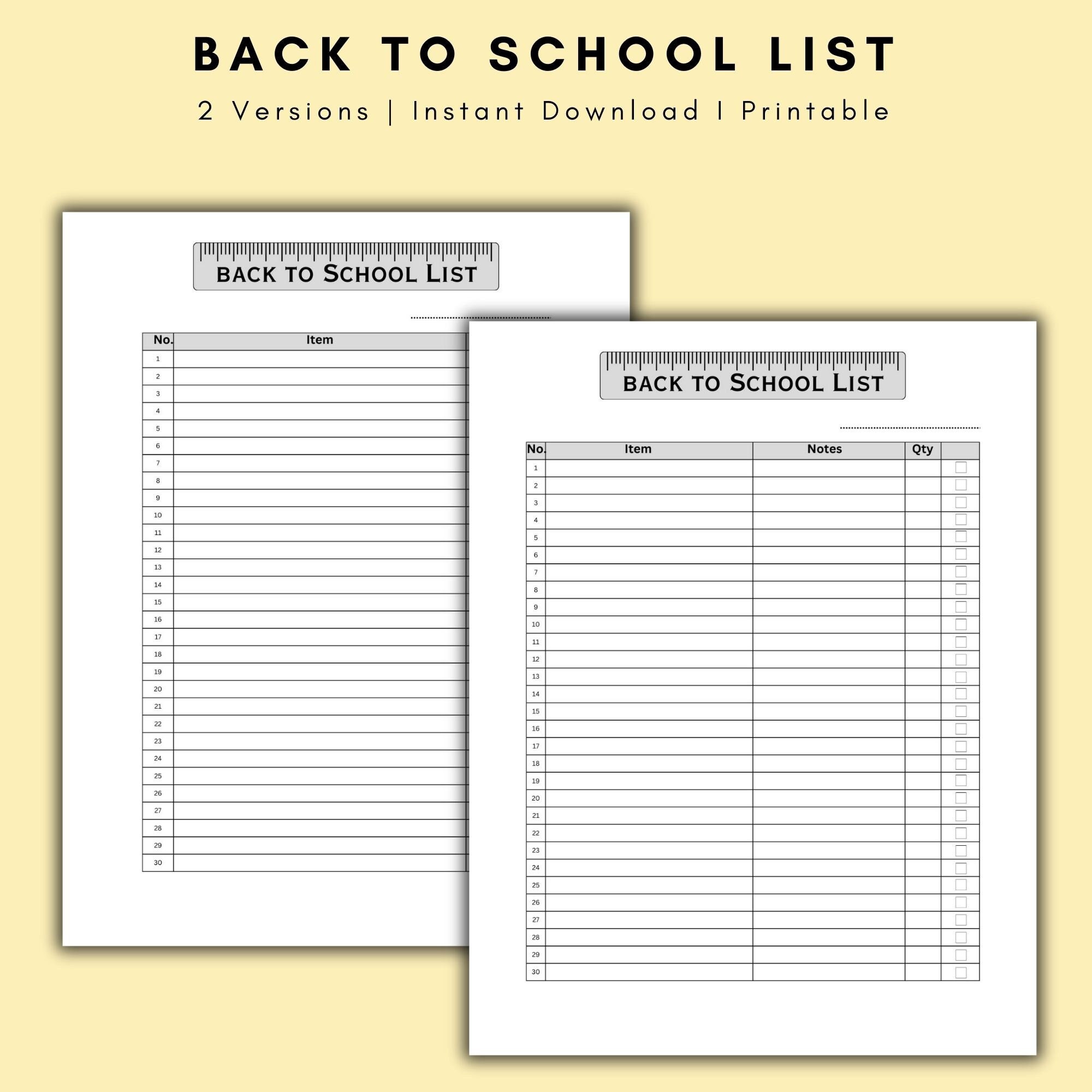 Back to School List, School List Printable, Supply List,a4 and US ...