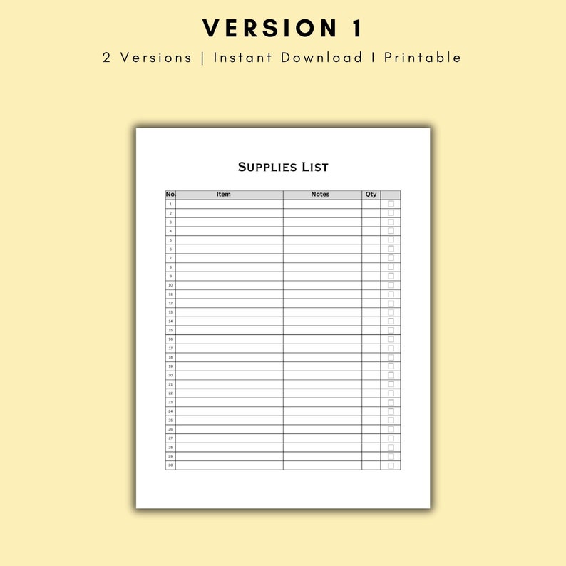 Supply List, Inventory Log, Supplies List Printable,a4 and US Letter ...