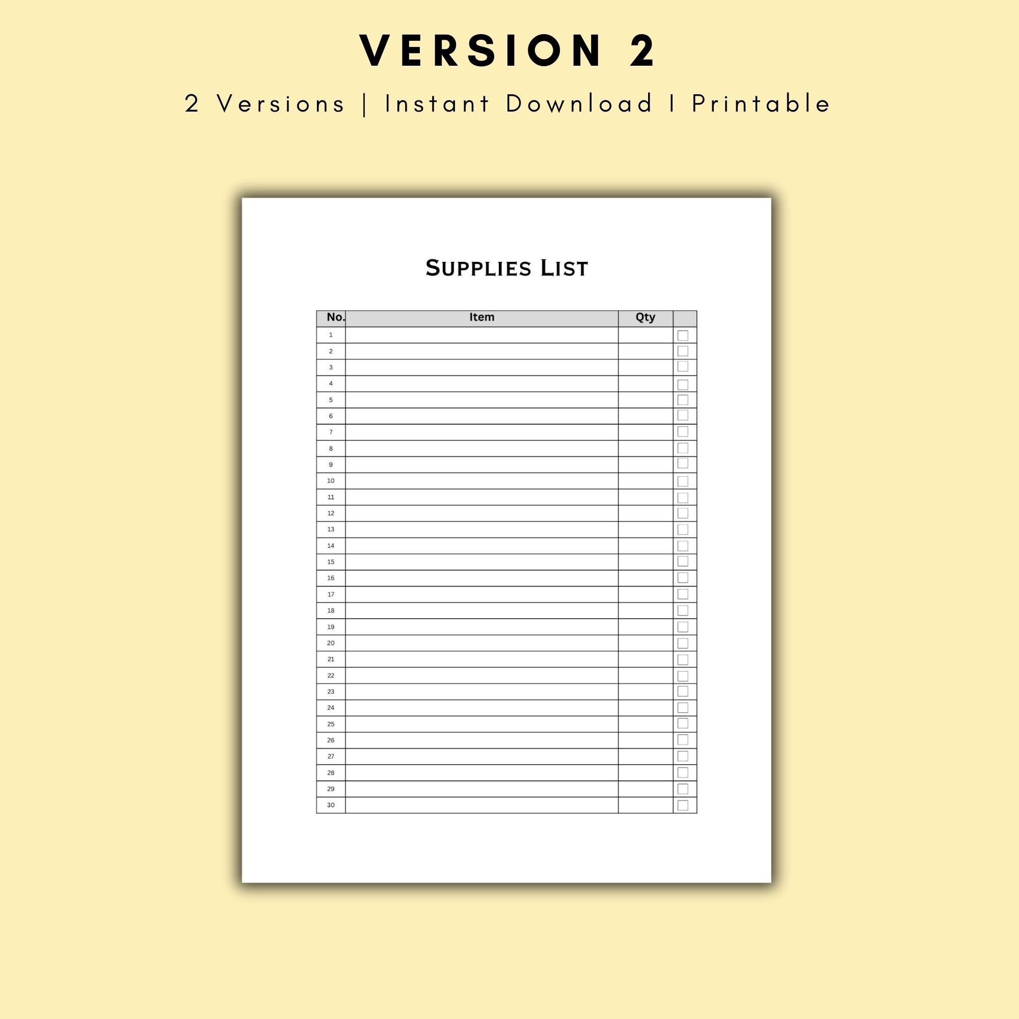 Supply List, Inventory Log, Supplies List Printable,a4 and US Letter ...