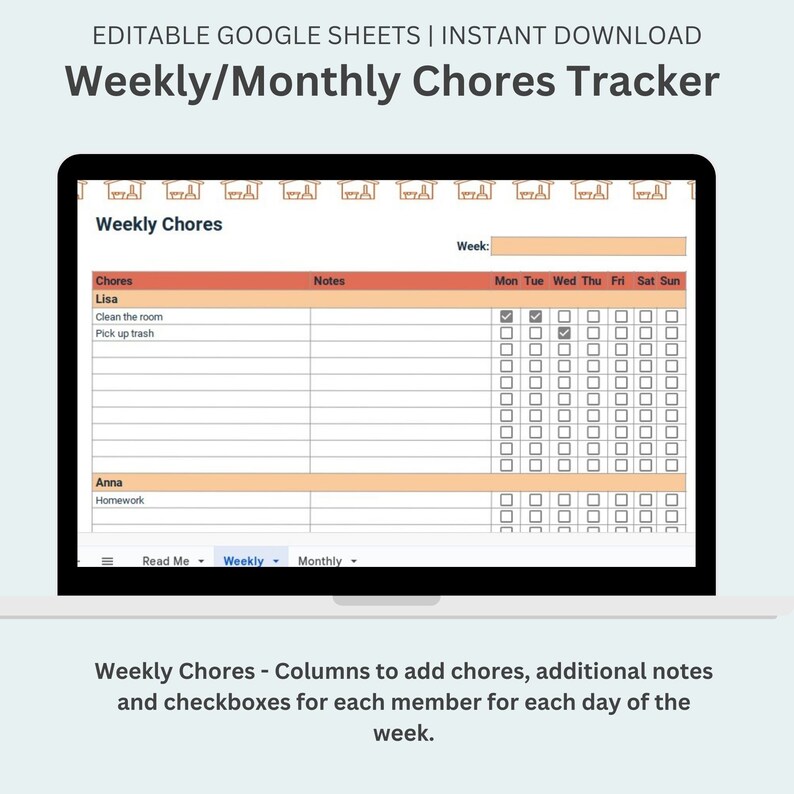 Chore Chart for Kids, Family Chore List, Weekly Chores, Monthly Chores ...