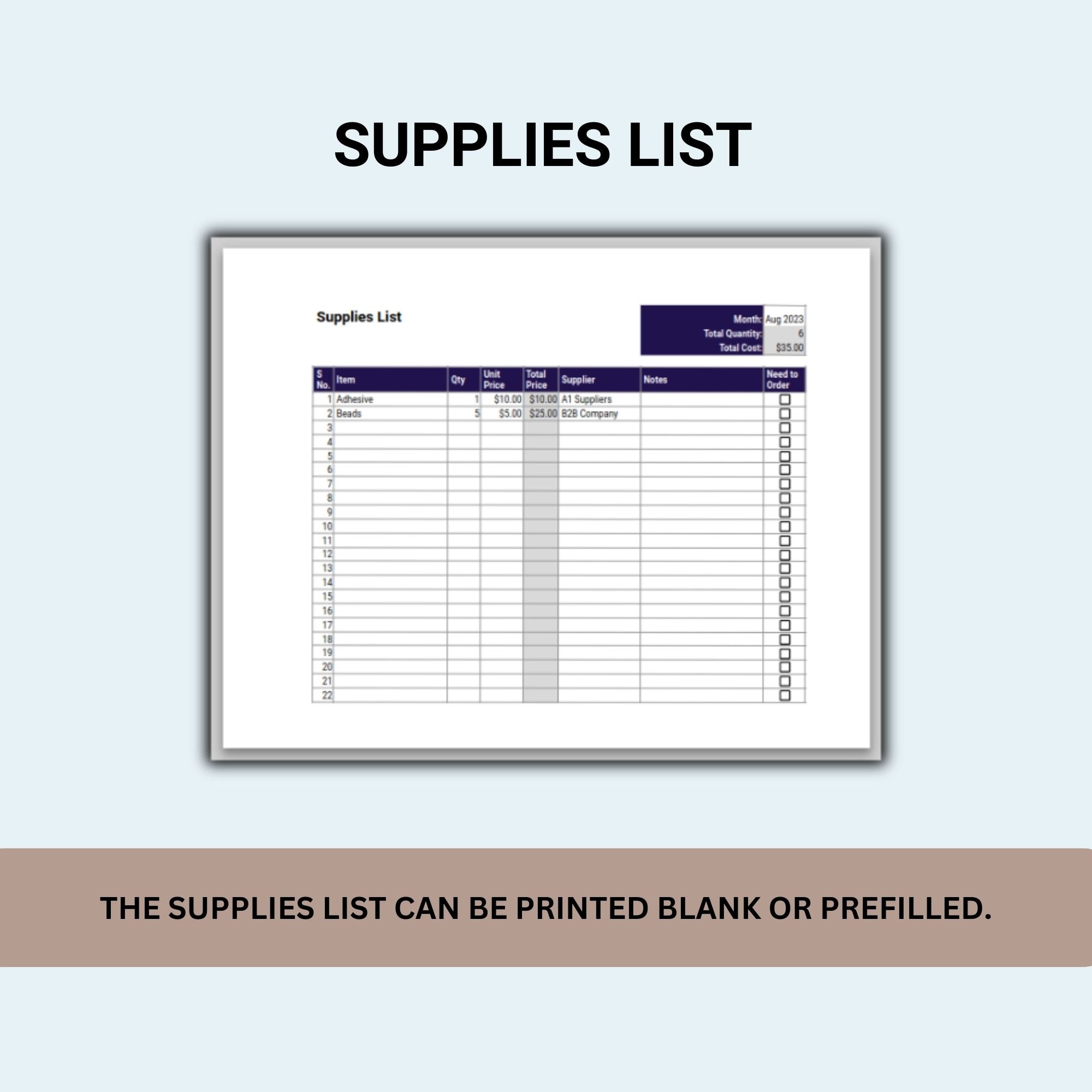 Inventory Tracker, Supply List, Inventory Log, Supplies List Printable ...