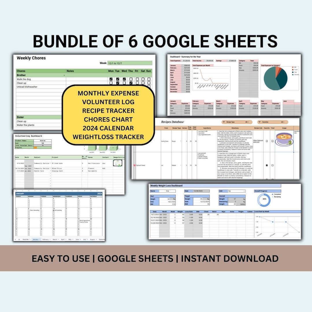 Bundle of 6 Google Sheets, Volunteer Log, Monthly Expense, Recipe ...