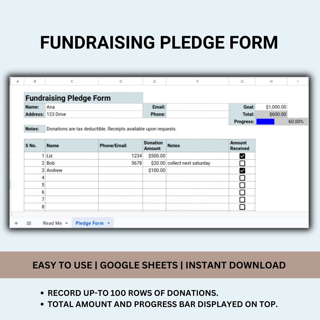 Sign up Sheet for Fundraising, Fundraiser Form, Pledge Form, Print at ...