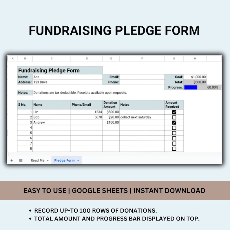 Sign up Sheet for Fundraising, Fundraiser Form, Pledge Form, Print at ...