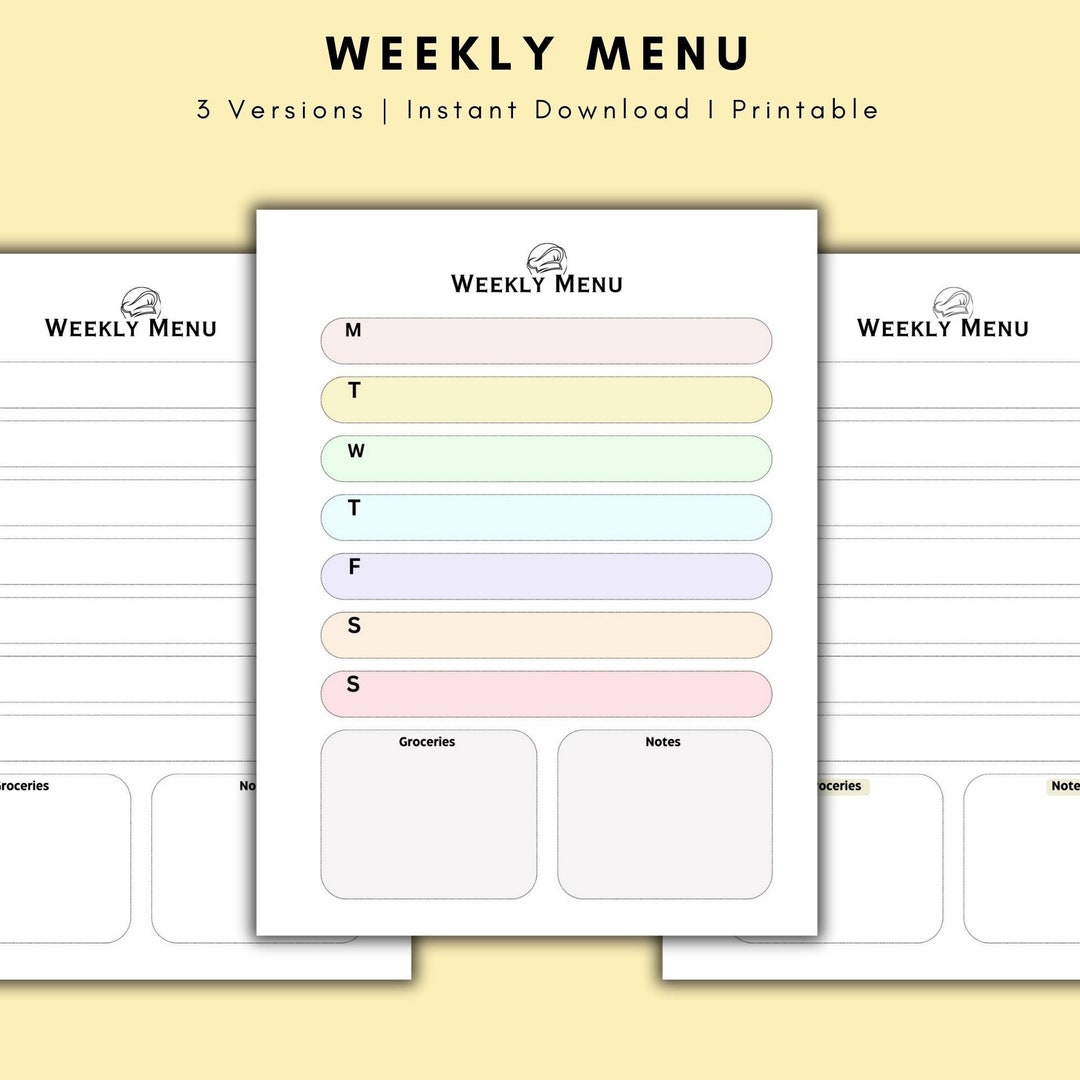 Weekly Menu Printable, Weekly Menu Planner, A4 and US Letter Size ...
