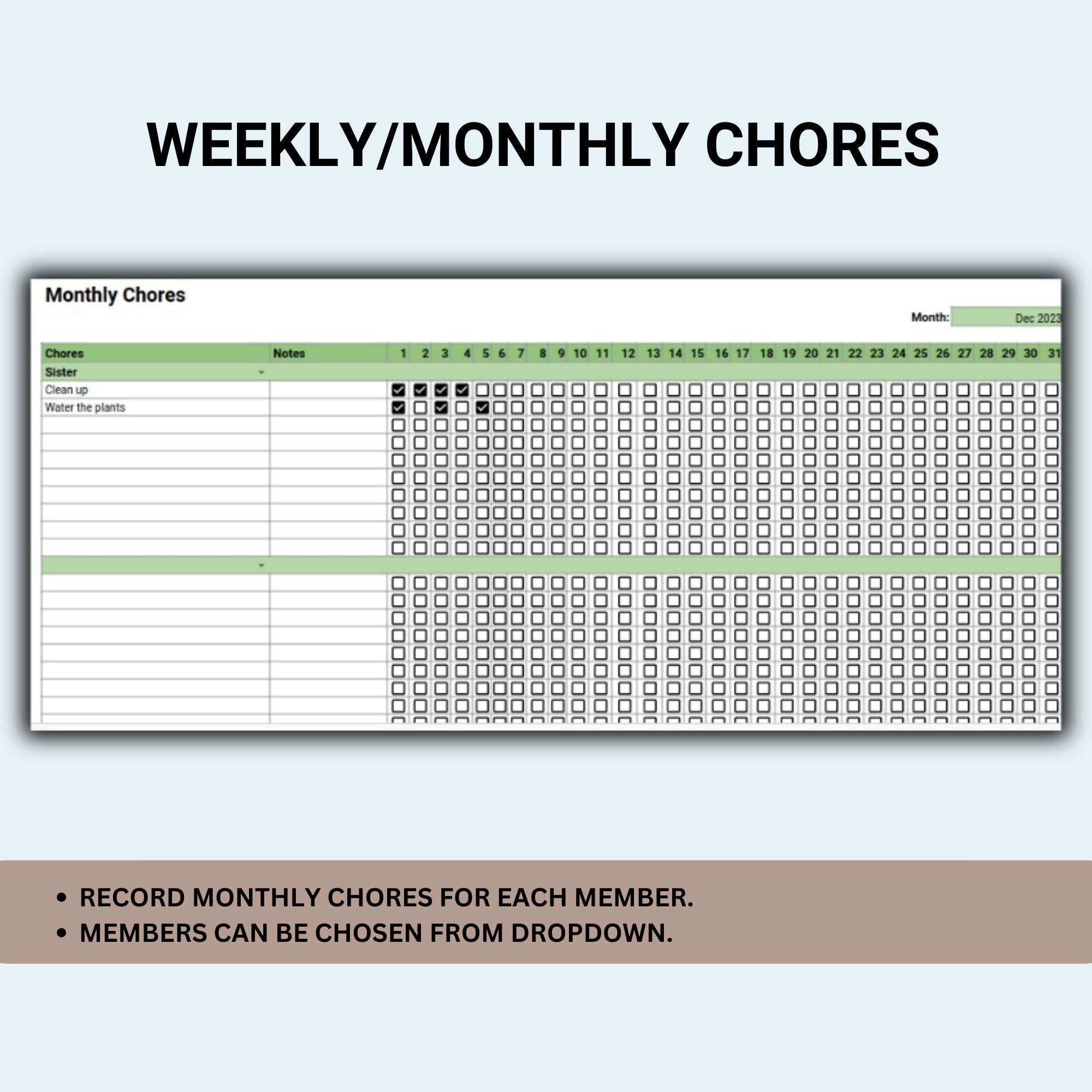 Family Chore Chart, Weekly Chore, Monthly Chores, Household Duties ...