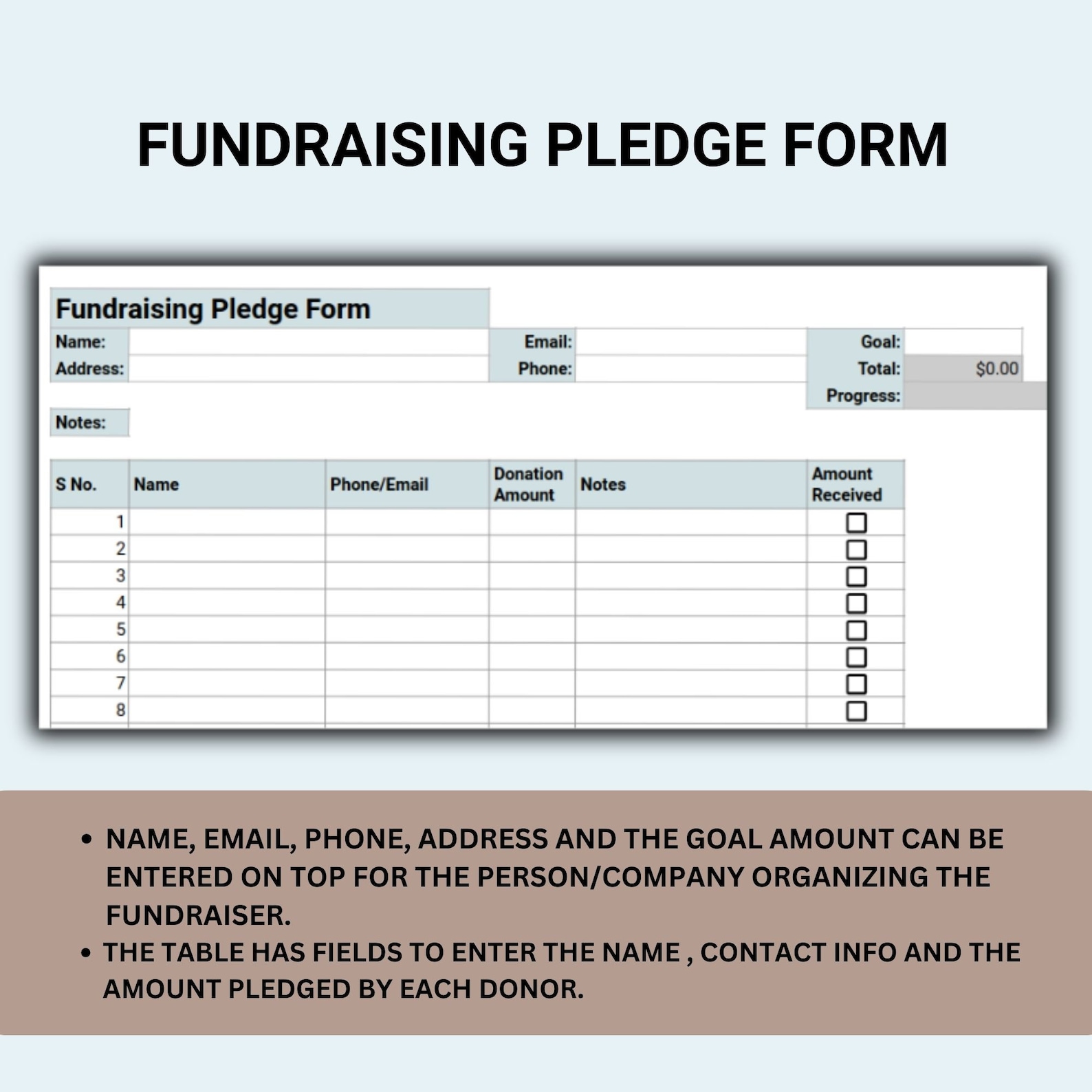 Sign up Sheet for Fundraising, Fundraiser Form, Pledge Form, Print at ...