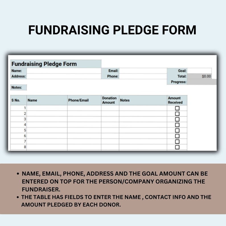 Sign up Sheet for Fundraising, Fundraiser Form, Pledge Form, Print at ...
