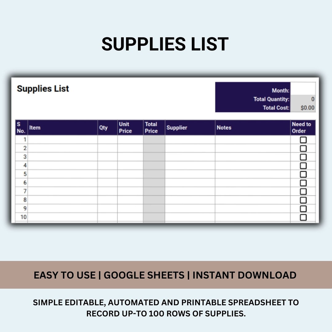 Inventory Tracker, Supply List, Inventory Log, Supplies List Printable ...