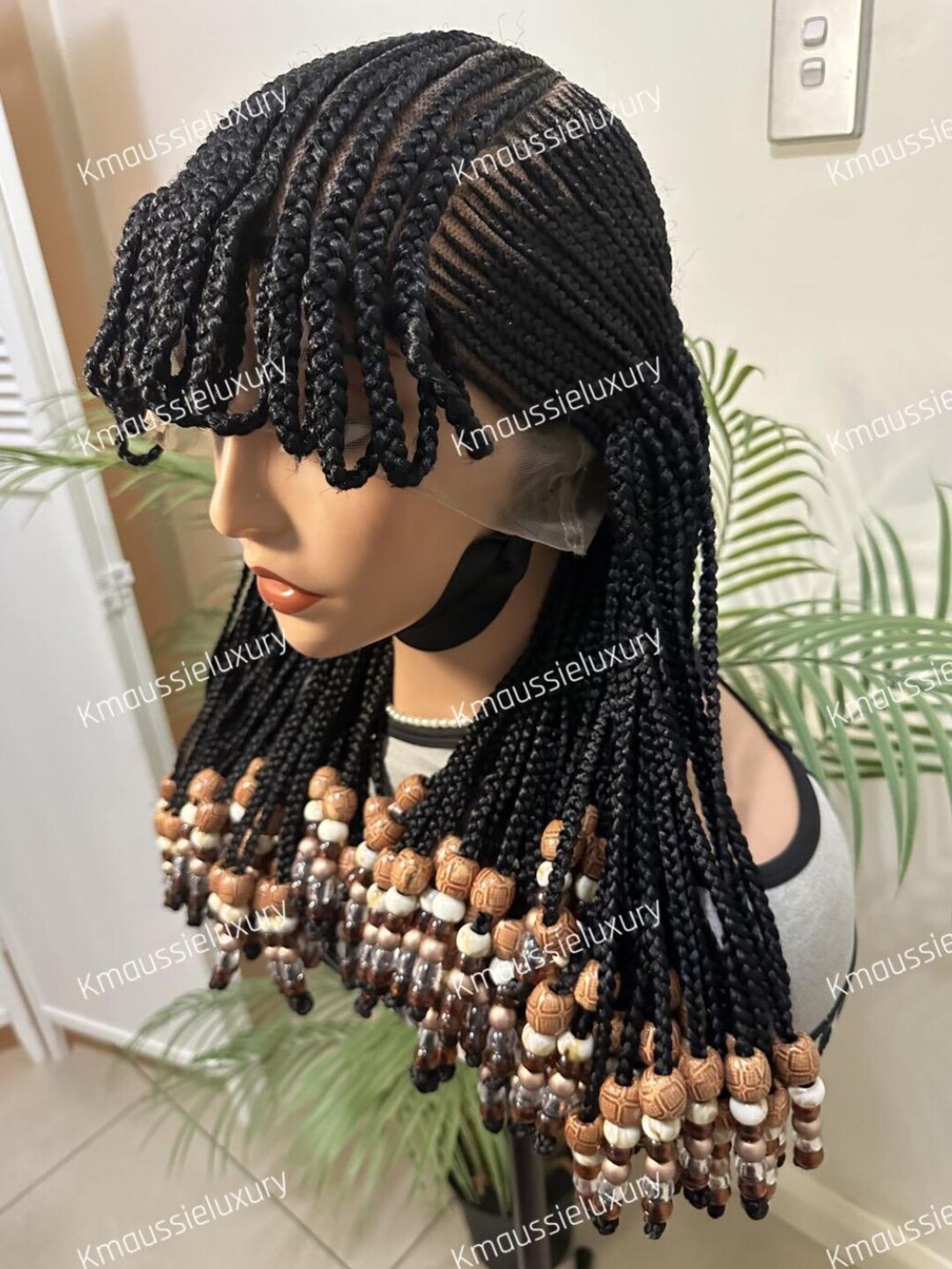 Black Beaded Cornrow Wig, Braided Wig, Fringe Wig, Ghana Weave Wig ...