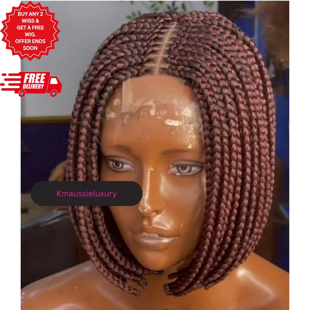 African Women Short Bob, 2x4 Closure Brown Braids Gift, Box Braid ...