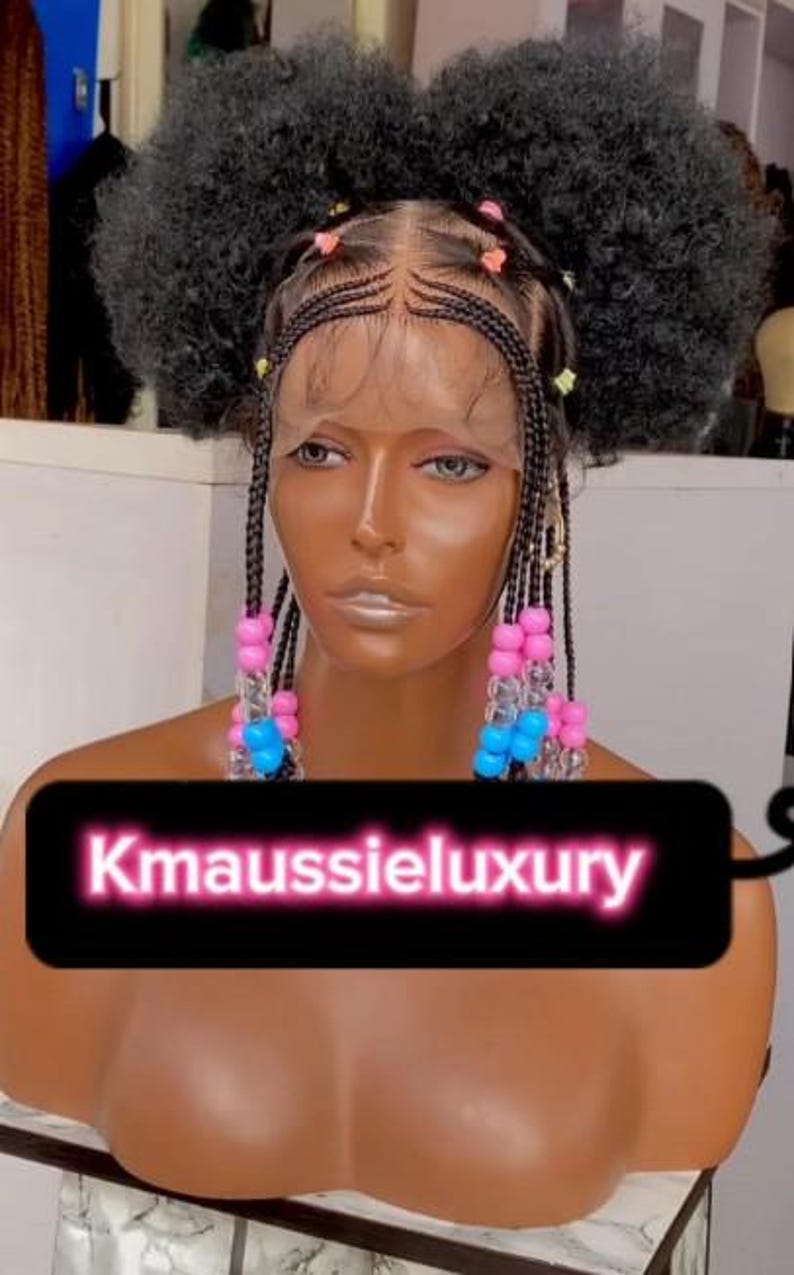 Full Moon Lace Front Afro Braided Wig, Beaded Short Box Braids, African ...