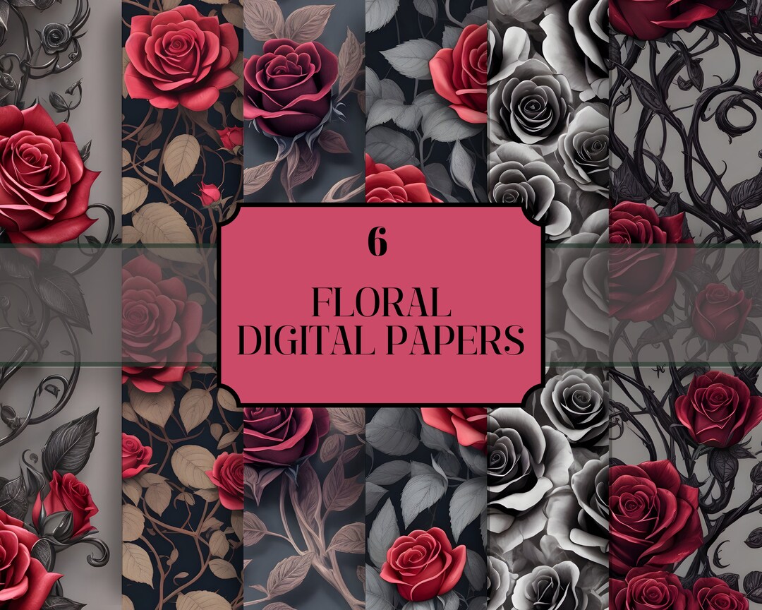 Seamless Gothic Rose Digital Patterns, Six Dark Rose Scrapbook Paper ...