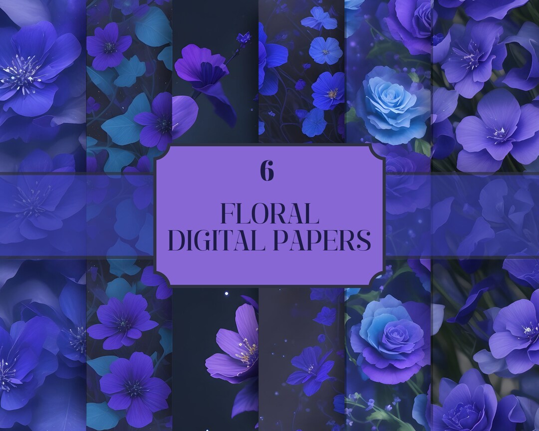 Seamless Blue Nighttime Floral Digital Patterns, Six Dark Flower ...