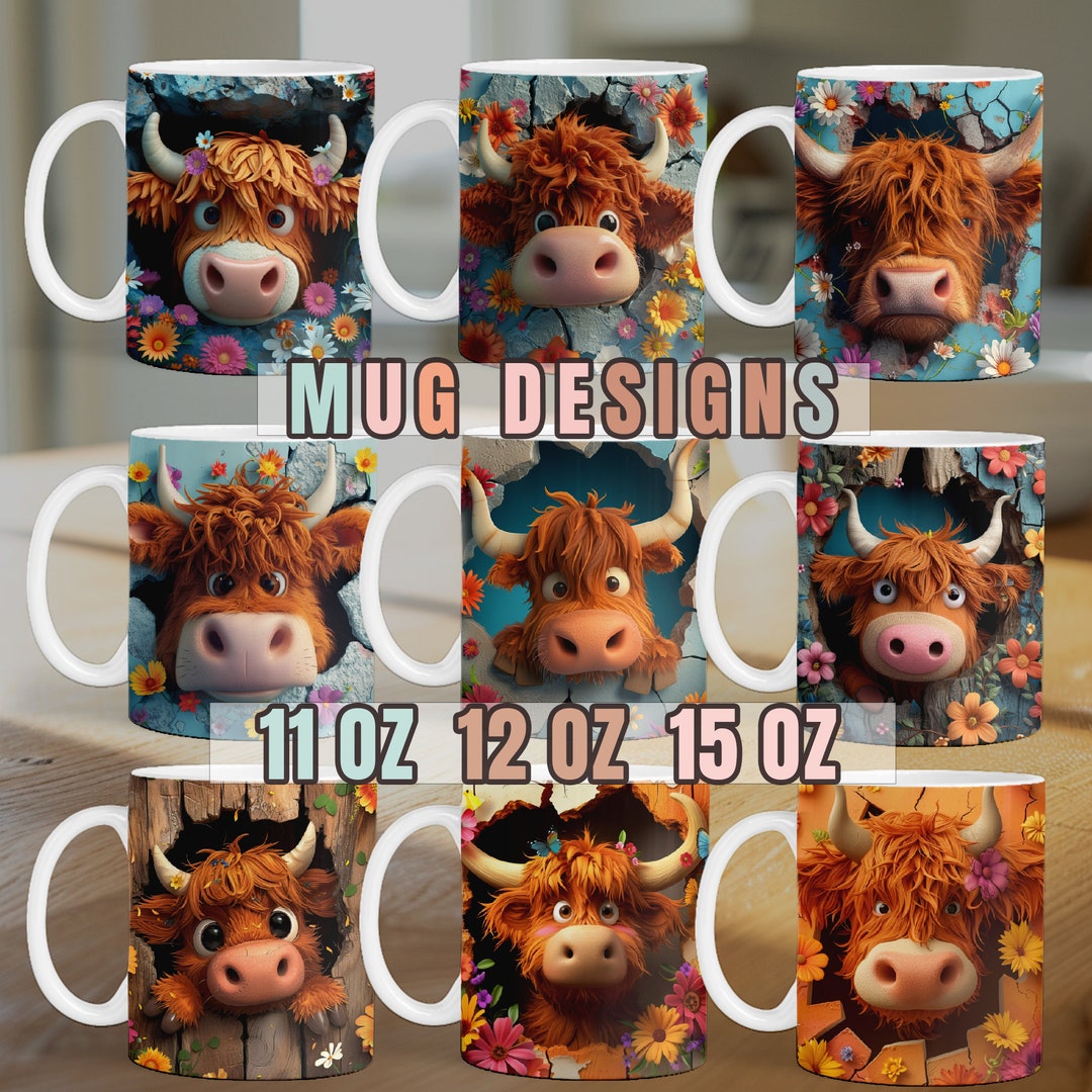 18 3D Highland Cow Mug Wrap PNG, Mug Sublimation Design, 11oz 12oz 15oz ...