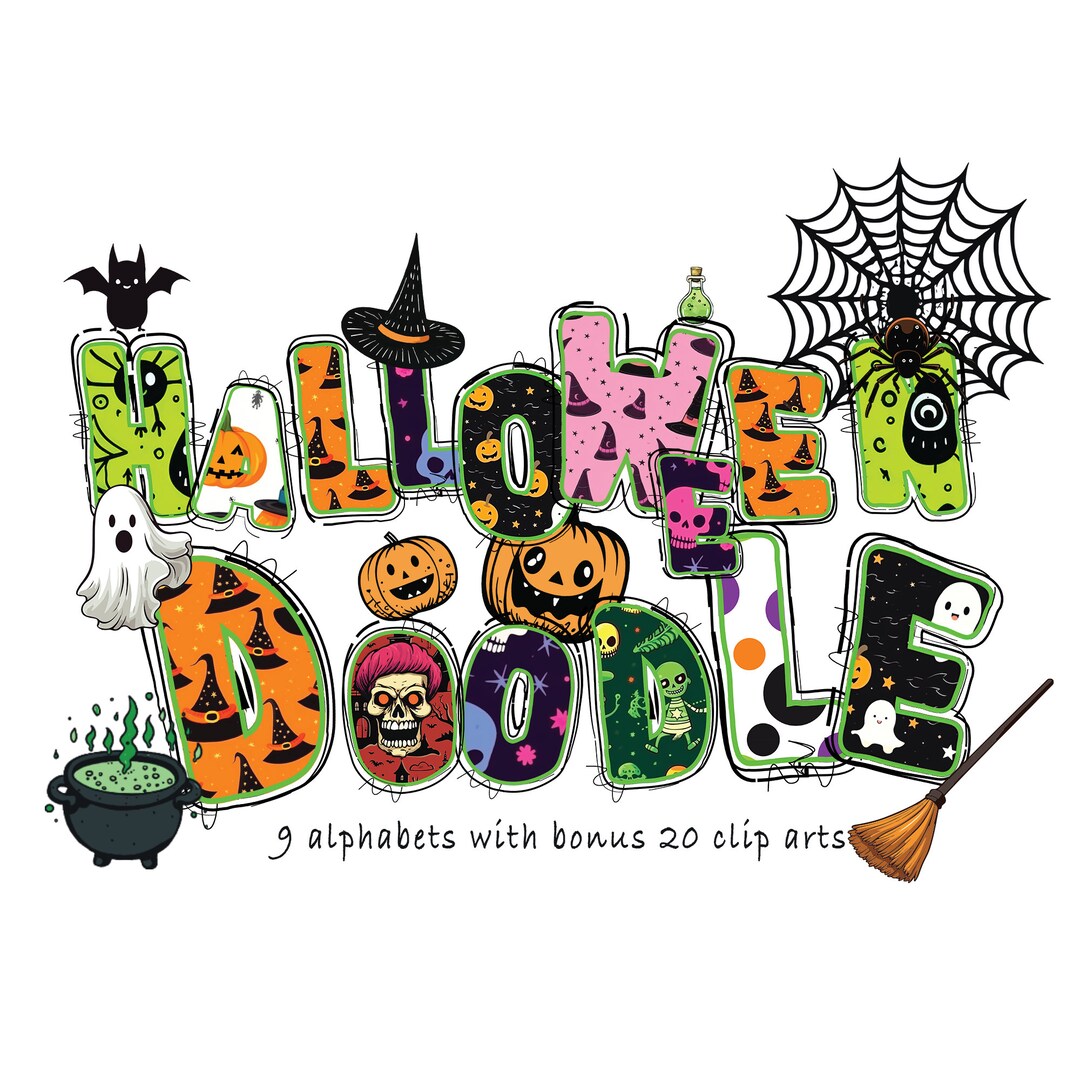 Halloween Doodle Letters With Clip Art PNG Files, Doodle Alpha Bundle ...