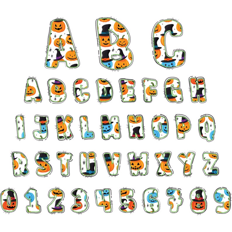 Halloween Doodle Letters With Clip Art PNG Files, Doodle Alpha Bundle ...