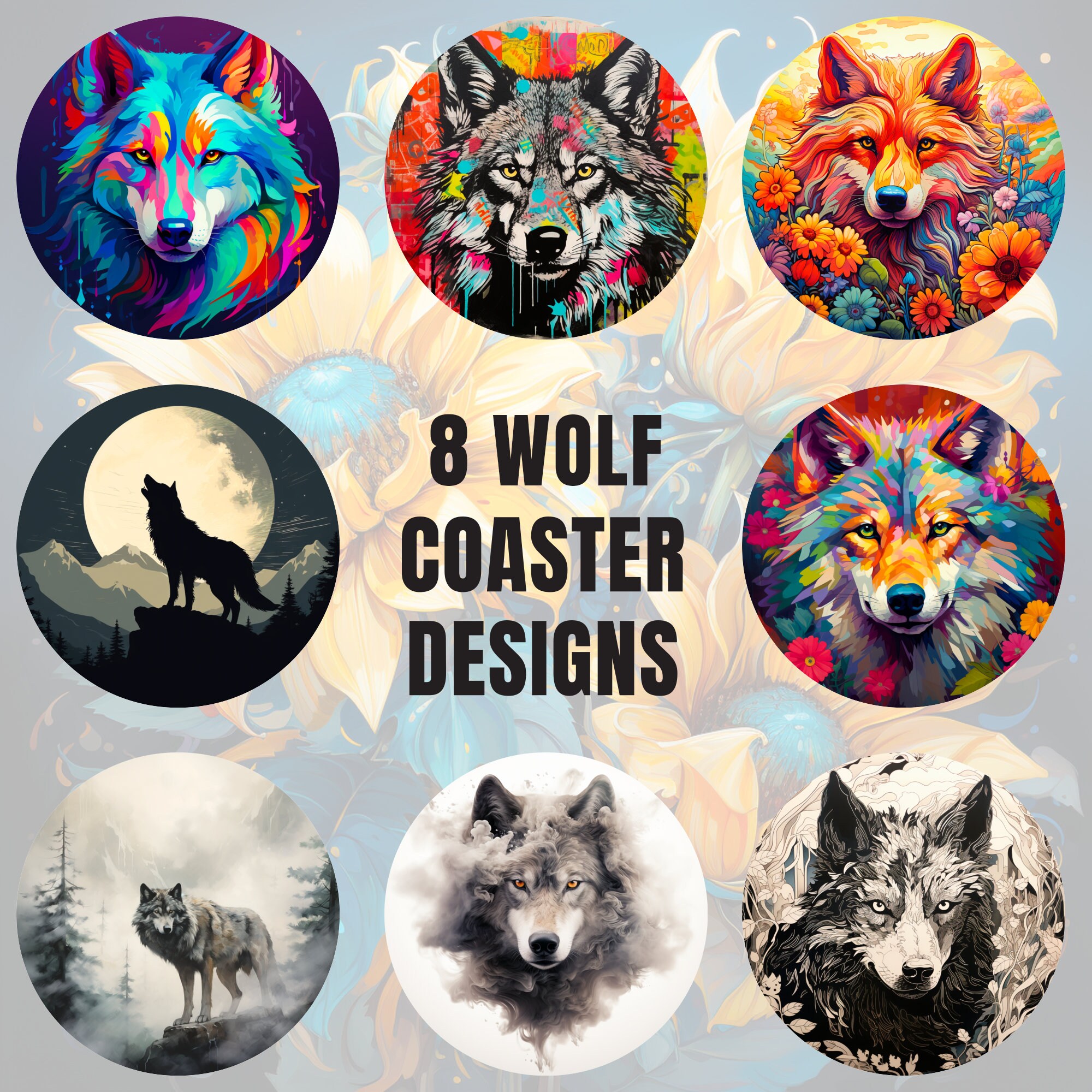 8 Wolf Coaster Sublimation Design PNG, Car Coaster Designs, Round ...